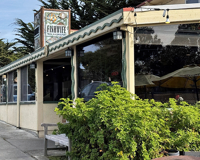 Lush greenery frames this coastal gem, where the unassuming exterior belies the culinary magic happening just beyond those windows.