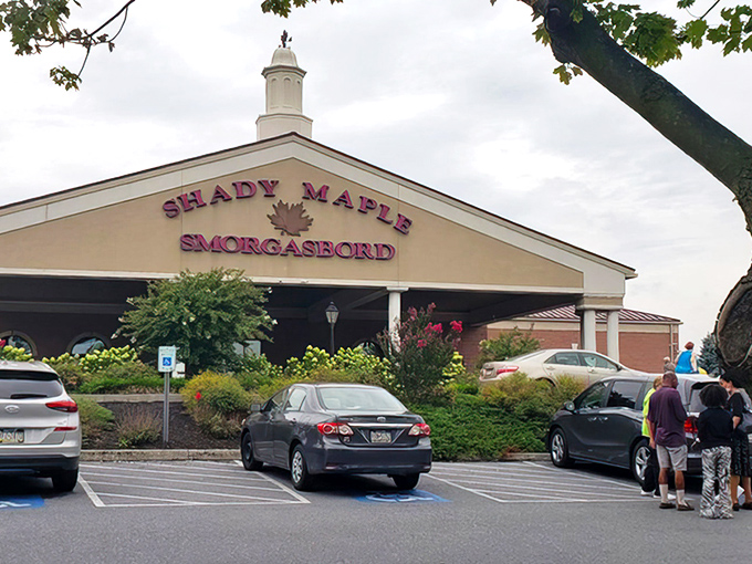 Another view of Shady Maple's impressive exterior, where pilgrims of Pennsylvania Dutch cuisine gather daily for their all-you-can-eat revelations.