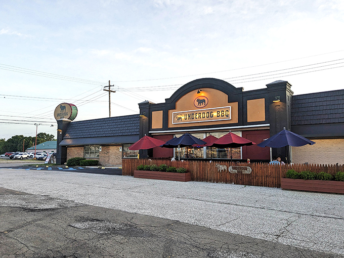 The bold orange and black exterior of Underdog BBQ stands as a beacon for barbecue lovers, complete with colorful patio umbrellas promising outdoor dining bliss.