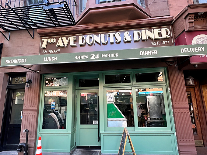The iconic green storefront of 7th Avenue Donuts & Diner beckons like a lighthouse for the hungry at any hour. Open 24/7 since 1977, it's Brooklyn comfort food personified.
