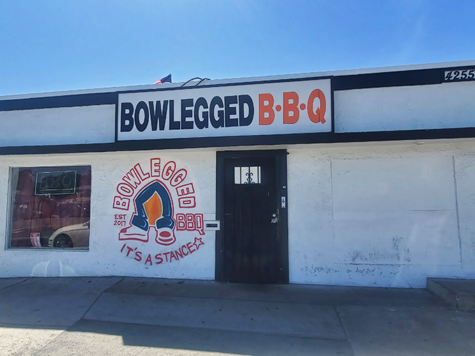 The unassuming exterior of Bowlegged B.B.Q stands as a testament to the old barbecue truth: the plainer the building, the better the meat inside.