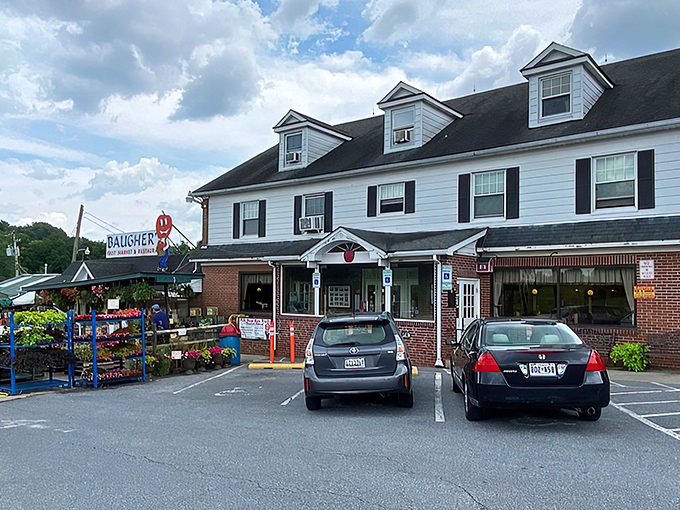 A picture-perfect postcard view of Baugher's, where the farm market's colorful produce display hints at what makes their pies so legendary.