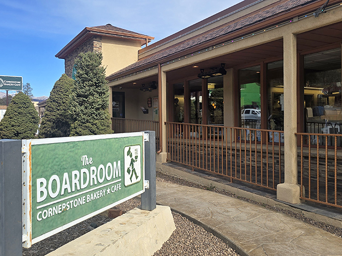 The welcoming facade of Cornerstone Bakery & Cafe, where the "Boardroom" sign isn't about corporate meetings&mdash;it's about boards loaded with delicious food.