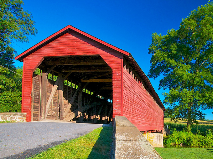 The crimson guardian of Fishing Creek stands proud against a perfect blue sky, like a postcard from a simpler time.