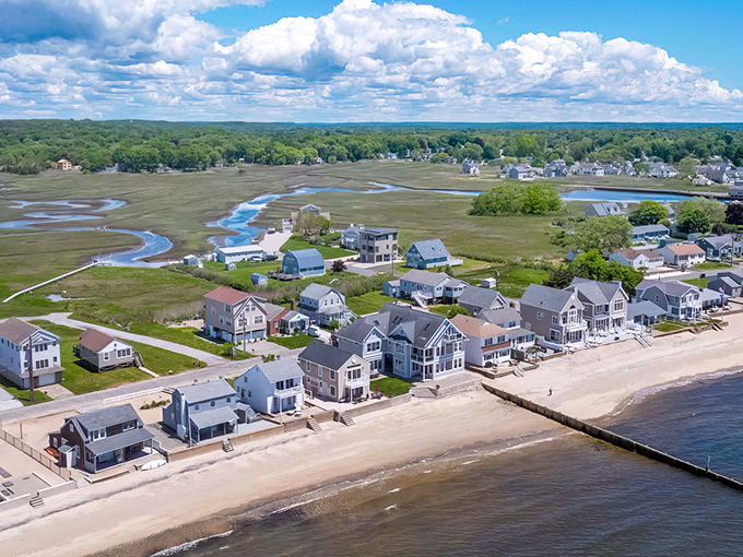 Aerial dreams come true where the Connecticut River meets the Sound. Old Saybrook's peninsula layout means water views that make landlocked visitors weep with joy.
