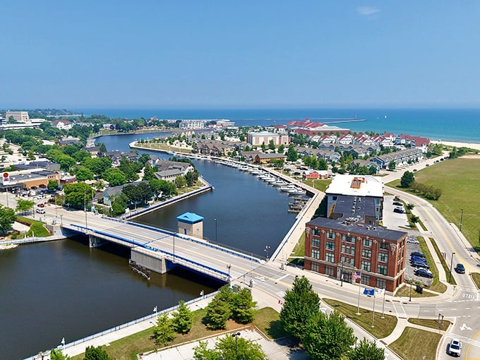 Where freshwater meets fresh perspectives: Sheboygan's harbor and Lake Michigan shoreline create a postcard-perfect panorama that whispers, "Slow down, you're on lake time now."