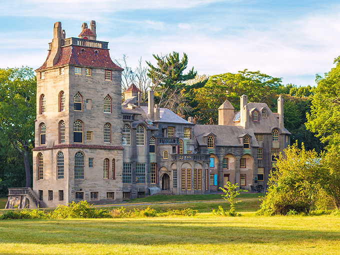 Bathed in golden light, Fonthill's whimsical silhouette looks like what would happen if Hogwarts and a medieval monastery had an architecturally adventurous child.