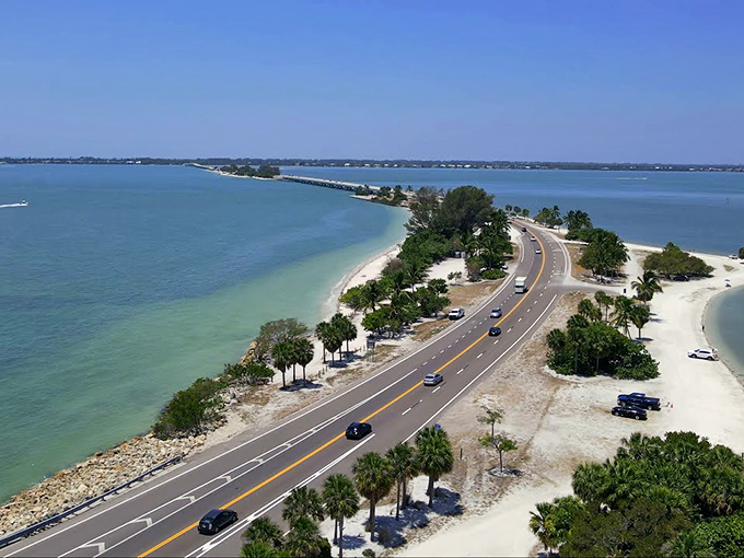 The Sanibel Causeway stretches across San Carlos Bay like a ribbon of asphalt floating between two shades of blue, offering beach access that most roadways can only dream about.