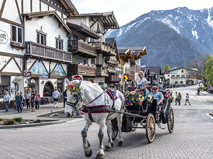 Horse-drawn carriages clip-clop through downtown Leavenworth, offering rides that make you feel like European royalty without needing a passport or fancy title.
