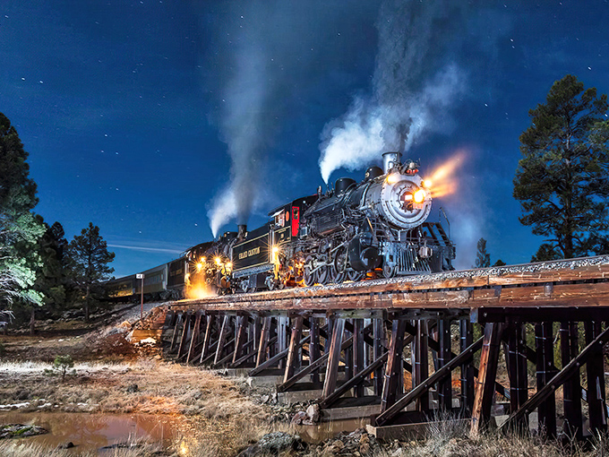 Steam and stars collide as this magnificent locomotive crosses a wooden trestle, proving that time travel is possible &ndash; at least in Arizona.