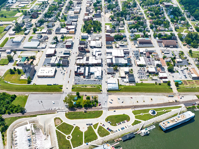 Downtown Hannibal from above reveals its perfect grid of history and charm, with the mighty Mississippi serving as nature's exclamation point.