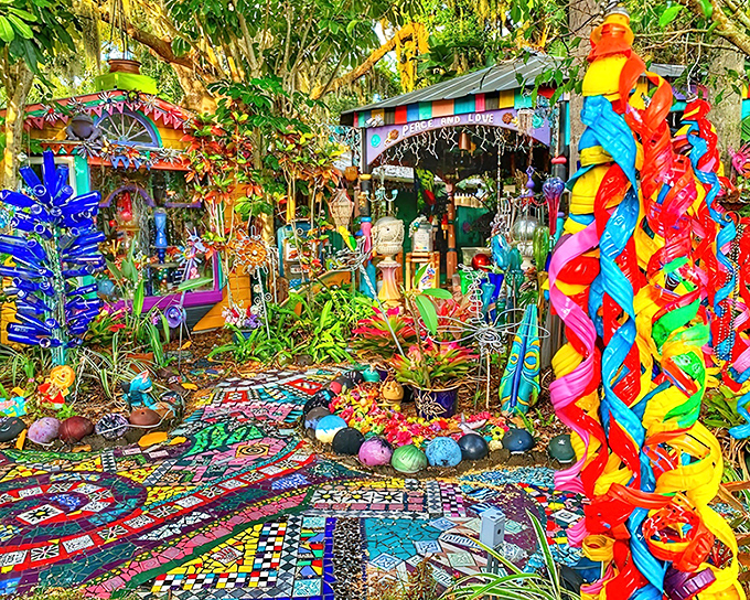 Welcome to color paradise! Whimzeyland's garden entrance feels like stepping into a dream where every inch bursts with artistic whimsy and playful imagination.