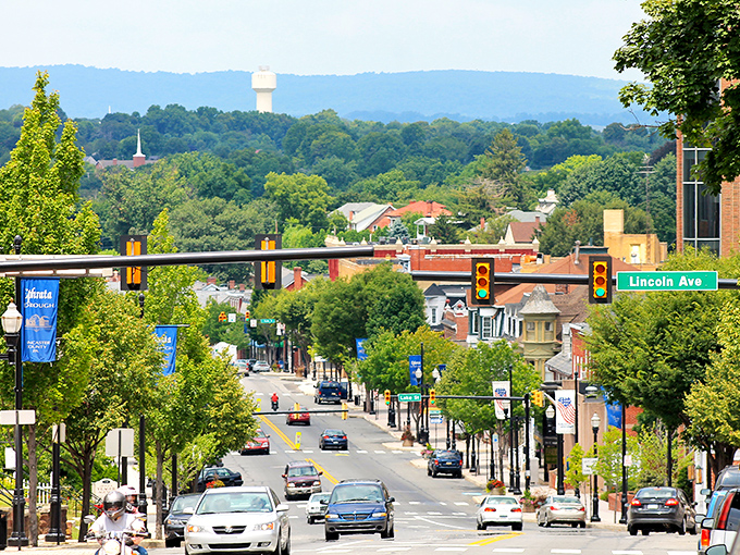Downtown Ephrata's intersection showcases the town's architectural character&mdash;that striking red building has probably witnessed more local gossip than a century of barber shops.
