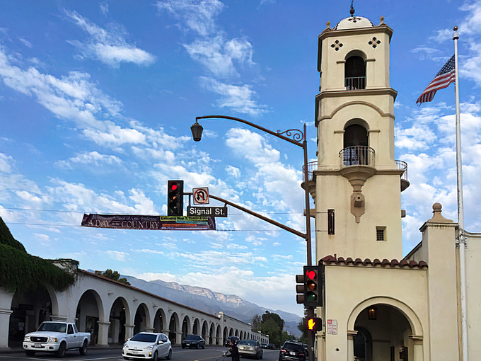 Ojai's iconic downtown arcade and bell tower stand like a Spanish mission mirage against the Topatopa Mountains, creating that postcard-perfect California moment.