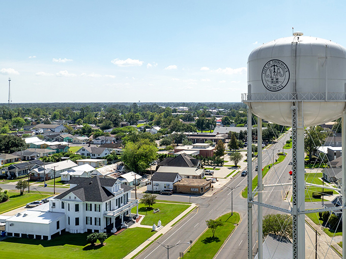 Thibodaux's iconic water tower stands sentinel over a town where your retirement dollars stretch like the endless Louisiana sky.