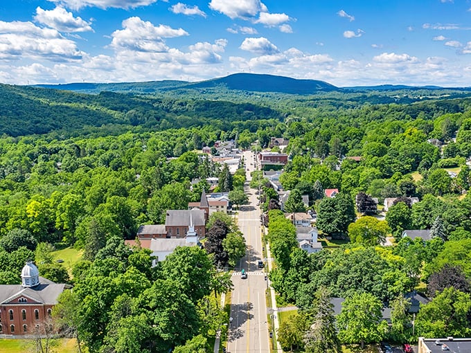 Bird's eye bliss! Naples nestles perfectly between rolling green hills, looking like a Norman Rockwell painting brought to vibrant life in the Finger Lakes.