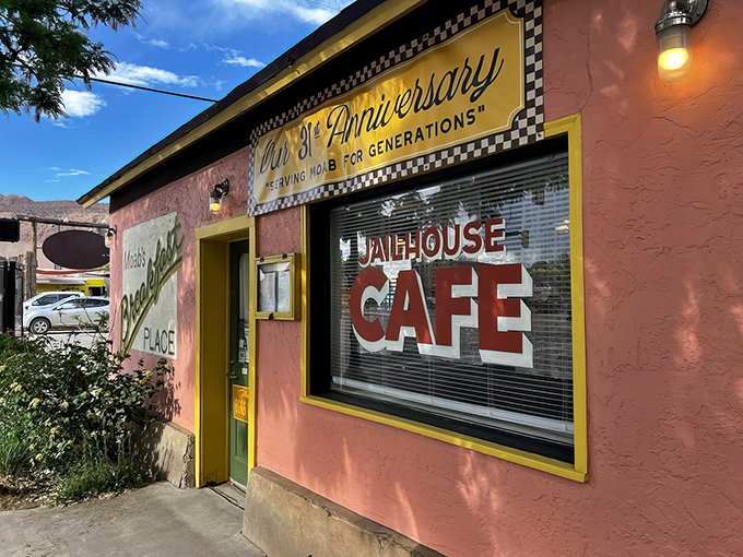 The salmon-pink exterior with yellow trim isn't subtle, but neither is the joy you'll experience inside this former jailhouse turned breakfast paradise.