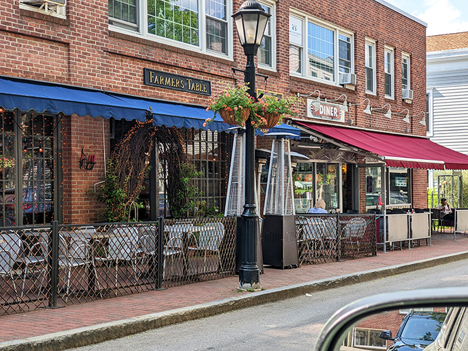 Classic Americana on full display along New Canaan's charming main street, where the diner's red awning beckons like an old friend inviting you home.