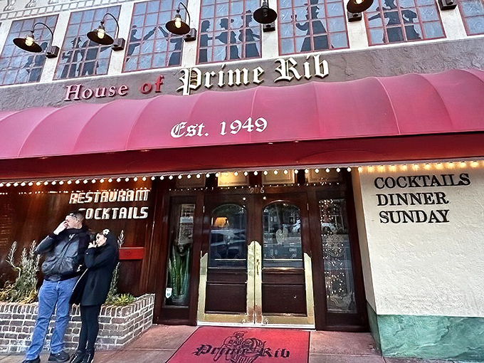The iconic red awning and vintage sign of House of Prime Rib stand as a beacon to meat lovers on Van Ness Avenue. A San Francisco institution since 1949.