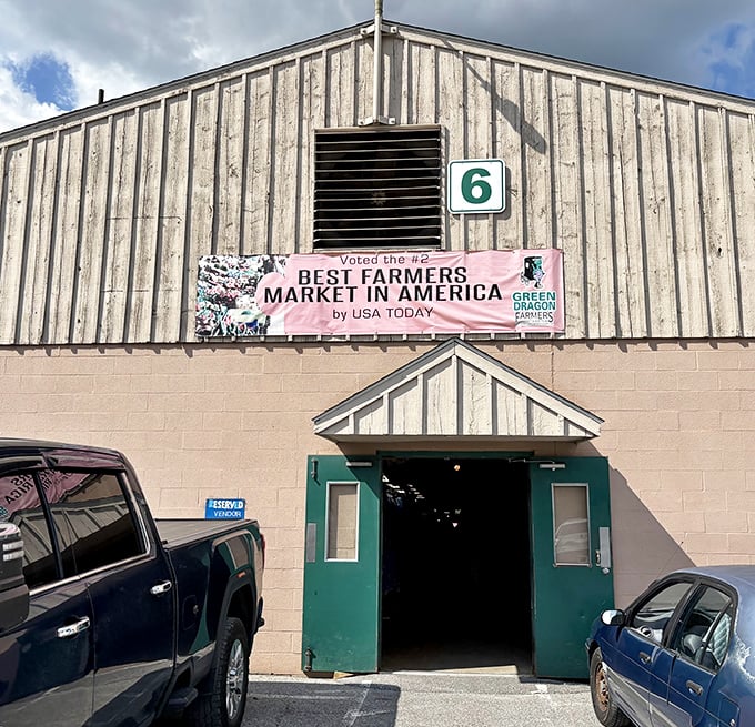 The unassuming entrance to Building 6 proudly declares its USA Today accolade&mdash;proof that sometimes the best food experiences come without fancy facades.