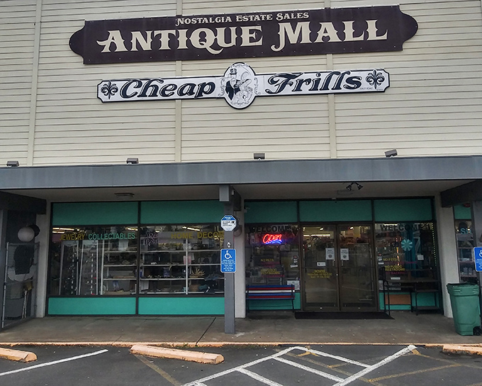Where vintage signage promises "Cheap Frills" but delivers priceless nostalgia. The green-trimmed entrance serves as a portal to decades past.