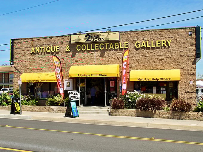 Those cheerful yellow awnings aren't just decoration—they're basically waving at your wallet, promising thrift store adventures ahead.