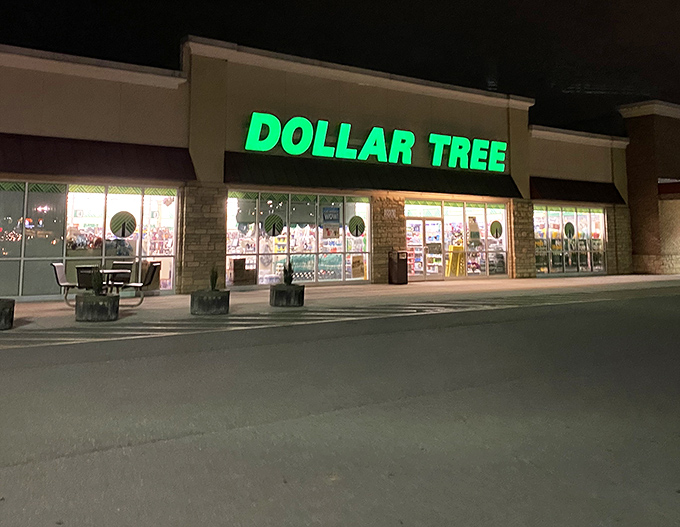 The iconic green glow of Dollar Tree's signage transforms into a nighttime beacon for bargain hunters across Morristown.