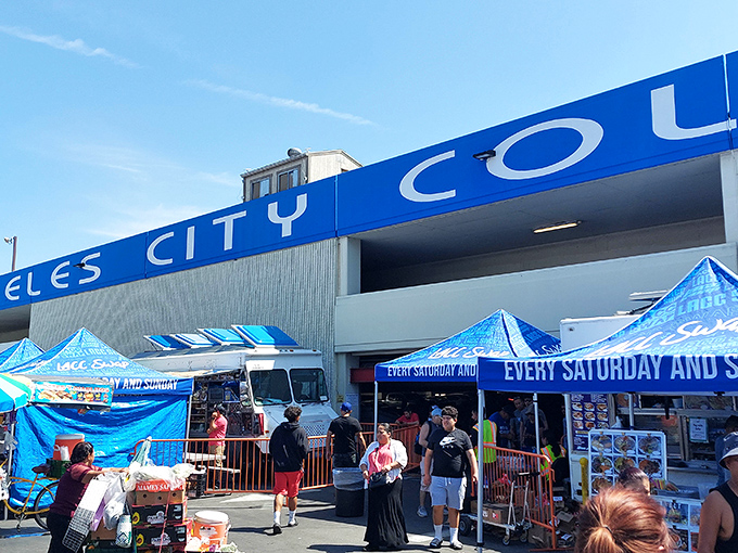 The iconic blue signage welcomes treasure hunters to this Pasadena institution, where weekend warriors and professional pickers converge in a ritual as Californian as traffic on the 405.