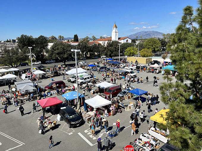 A treasure hunter's paradise unfolds under the California sun, with San Gabriel Mountains standing guard over this monthly ritual of discovery.