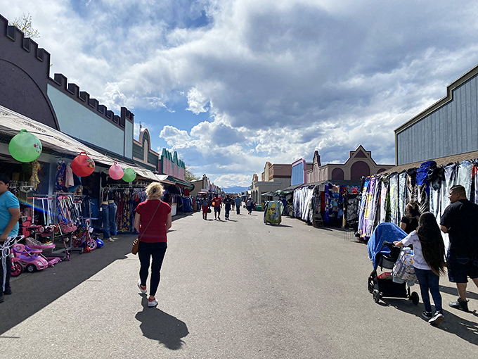 The main thoroughfare stretches like a runway of possibilities, with vendors lining both sides of this bargain boulevard.