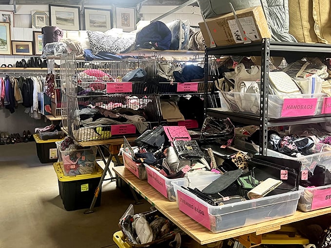Organized chaos at its finest! The handbag section alone could keep treasure hunters busy for hours, with pink labels guiding your adventure through accessory paradise.