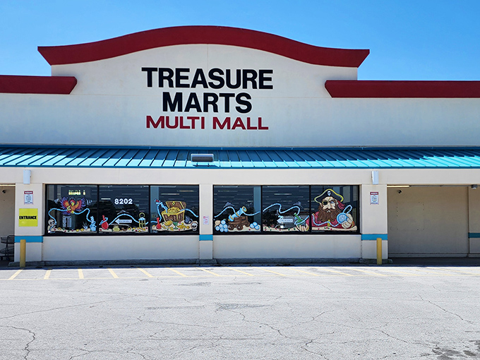 The iconic Treasure Marts facade beckons bargain hunters with its bold signage and pirate-themed windows&mdash;a siren call to thrifters everywhere.