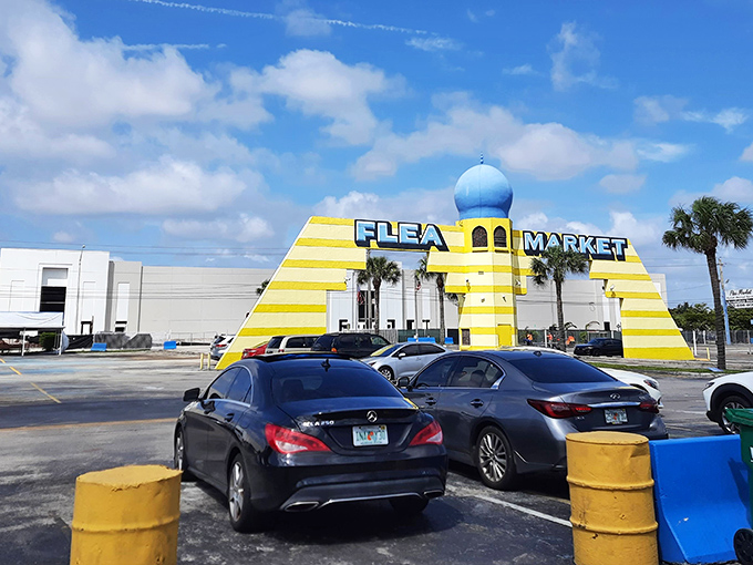 The yellow-striped entrance with its distinctive blue dome isn't just eye-catching&mdash;it's practically announcing "bargains ahead!" like a town crier with architectural flair.