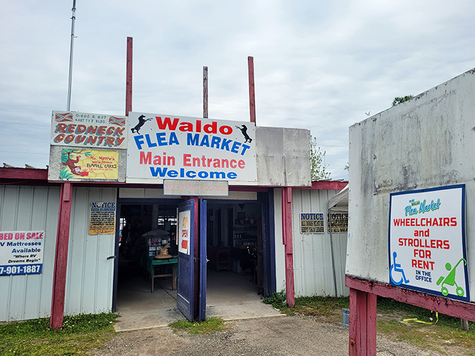 The iconic entrance to Waldo Flea Market welcomes treasure hunters with its no-frills charm and promise of discoveries waiting just beyond those doors.