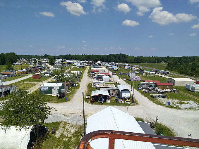 An aerial view reveals the true scale of Rutledge Flea Market, where treasure hunters' dreams stretch as far as the eye can see.