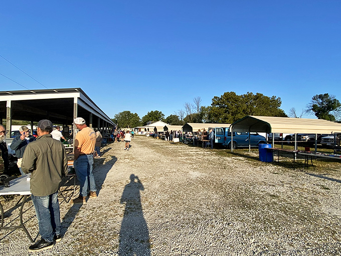 Wide gravel pathways stretch between vendor tents, creating a treasure hunter's paradise under the Missouri sky.