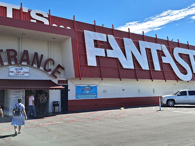 The bold red exterior of Fantastic Indoor Swap Meet announces itself with all the subtlety of a Vegas showgirl&mdash;it's not whispering, it's shouting "treasures inside!"