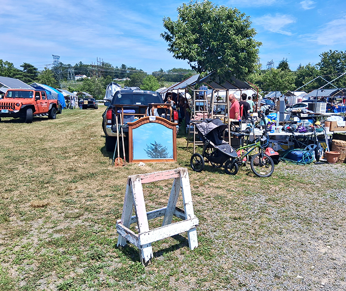 A treasure hunter's paradise under blue New Hampshire skies, where one person's castoffs become another's prized discoveries. White tents stretch across the field like modern-day merchant caravans.
