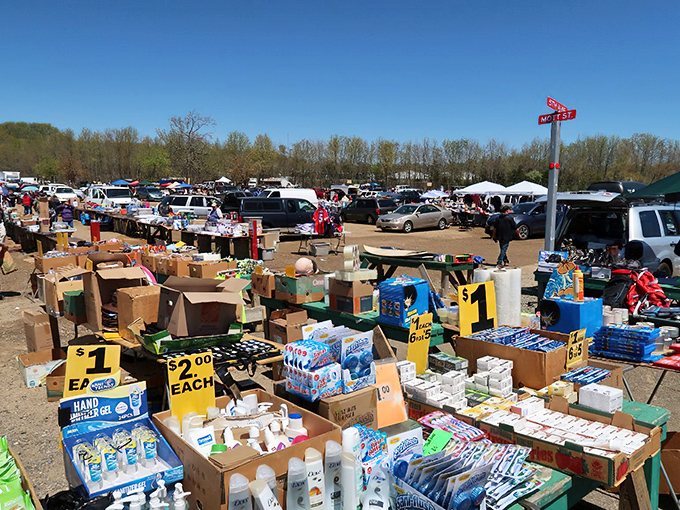 Bargain hunters' paradise! Tables stacked with household essentials at prices that'll make your wallet do a happy dance.