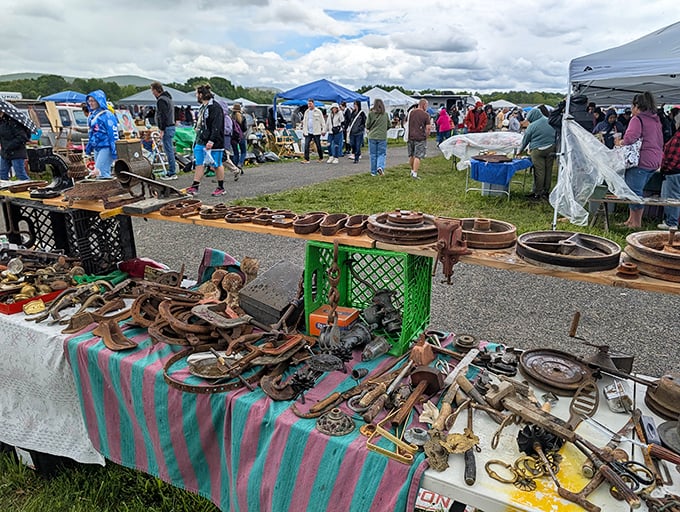 Treasure hunting in action! Vintage metal parts and rusty treasures await new homes while shoppers navigate the sprawling marketplace under classic Hudson Valley skies.