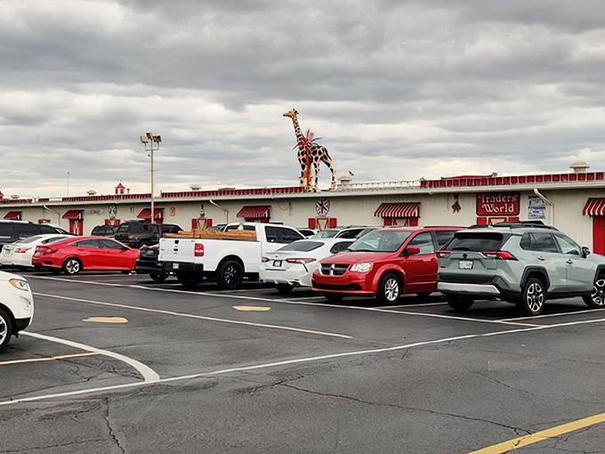 The red and white buildings of Traders World stand like sentinels of savings, promising treasure hunters a day of discovery under Ohio skies.
