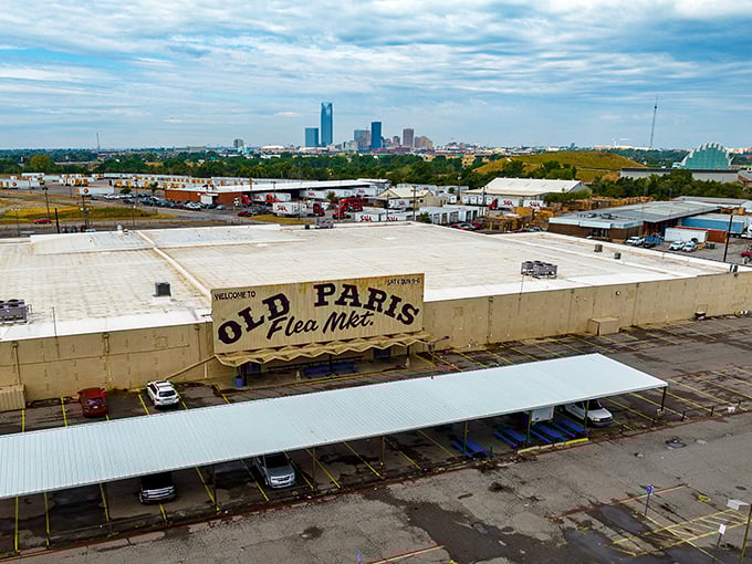 The Old Paris Flea Market stands proudly against Oklahoma City's skyline, a treasure hunter's paradise waiting to be explored beneath those big Oklahoma skies.