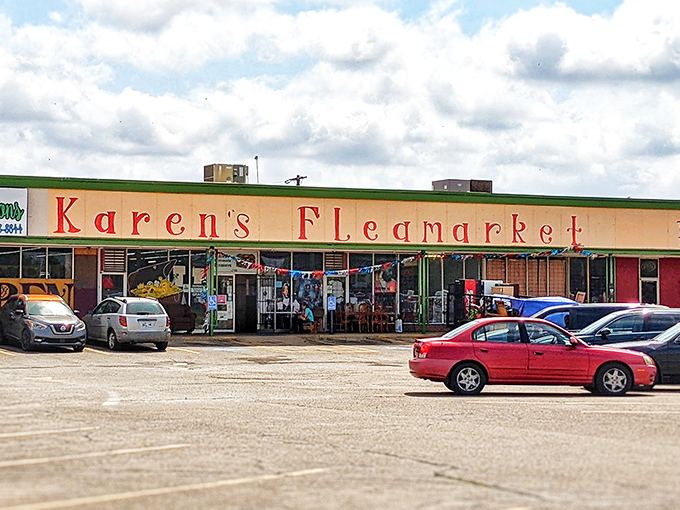 The unassuming exterior of Karen's Ultimate Treasures beckons with its bold red lettering and green trim—a treasure chest disguised as a strip mall storefront.