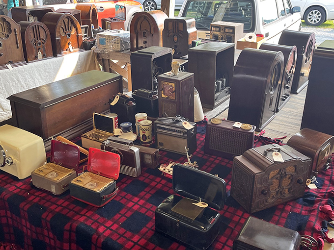 A treasure trove of nostalgia where each wooden radio cabinet tells a story of evenings spent listening to mystery shows and big band music.