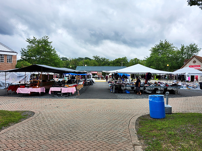 The outdoor vendor area transforms into a treasure hunter's paradise every weekend, with colorful tents stretching across the brick-paved walkways.