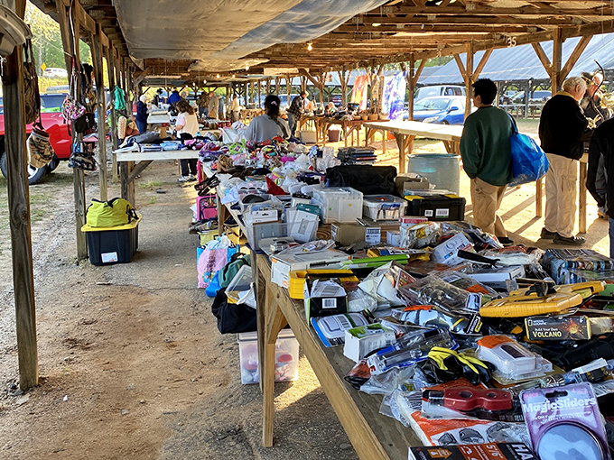 Treasure hunting at its finest! Tables stretch into the distance under rustic wooden shelters, where everyday items await their chance to become someone's prized possession.