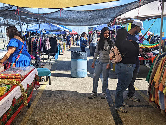 The colorful world of Bussey's Flea Market unfolds under blue Texas skies, where one person's castoffs become another's treasures.
