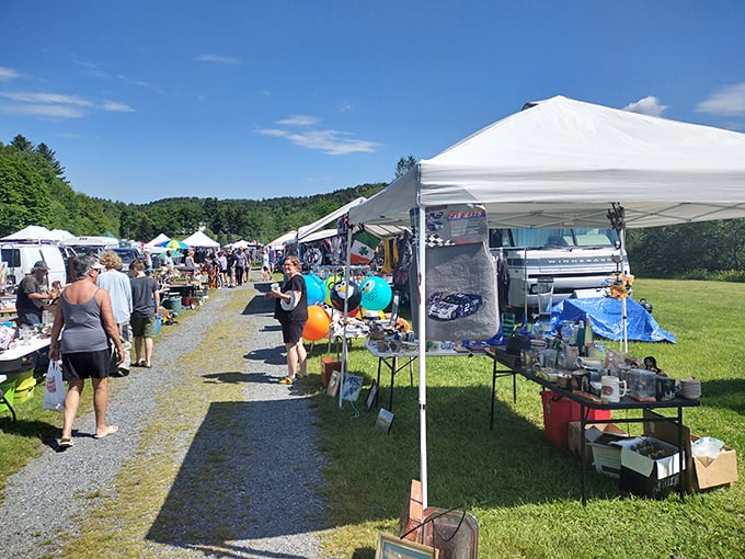 Rows of white tents stretch toward green mountains, creating Vermont's version of treasure-hunting paradise under open skies.