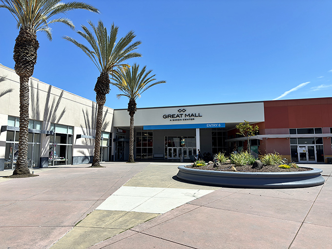 California sunshine greets bargain hunters at Entry 6, where palm trees stand like sentinels guarding the gateway to discount paradise.