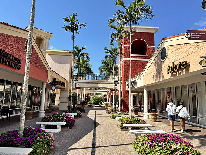 Mediterranean magic meets retail therapy at Miromar Outlets, where palm trees and pastel buildings create Florida's shopping paradise.